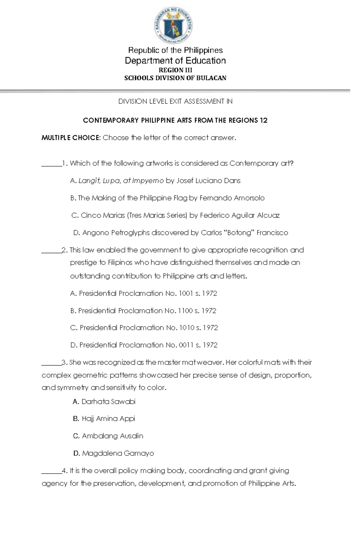 Grade 12 Exit Assessment in CPAR - Republic of the Philippines ...