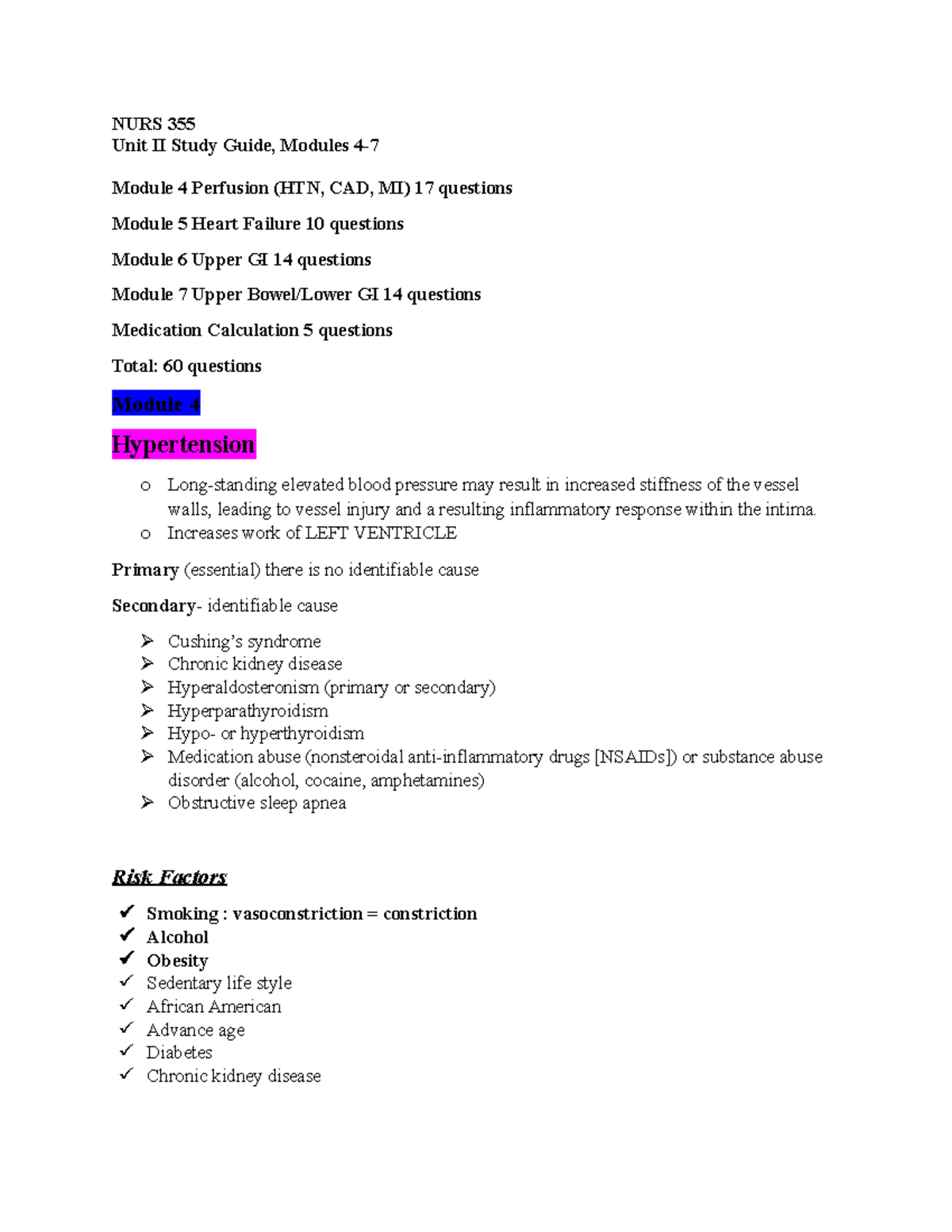 Exam 2 study guide modules 4-7 - NURS 355 Unit II Study Guide, Modules ...