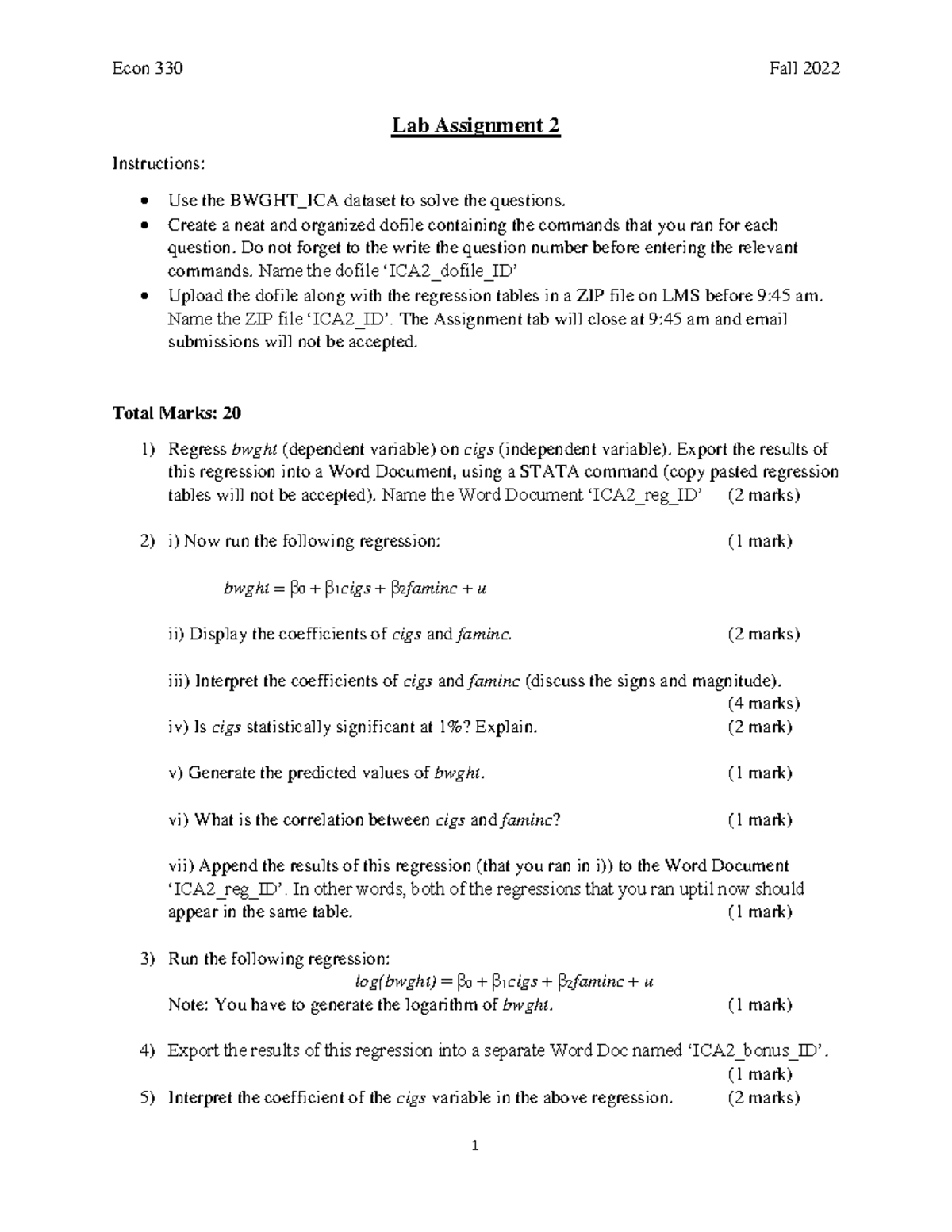 Past Quiz Econ 330 LAB - Econ 330 Fall 2022 1 Lab Assignment 2 ...