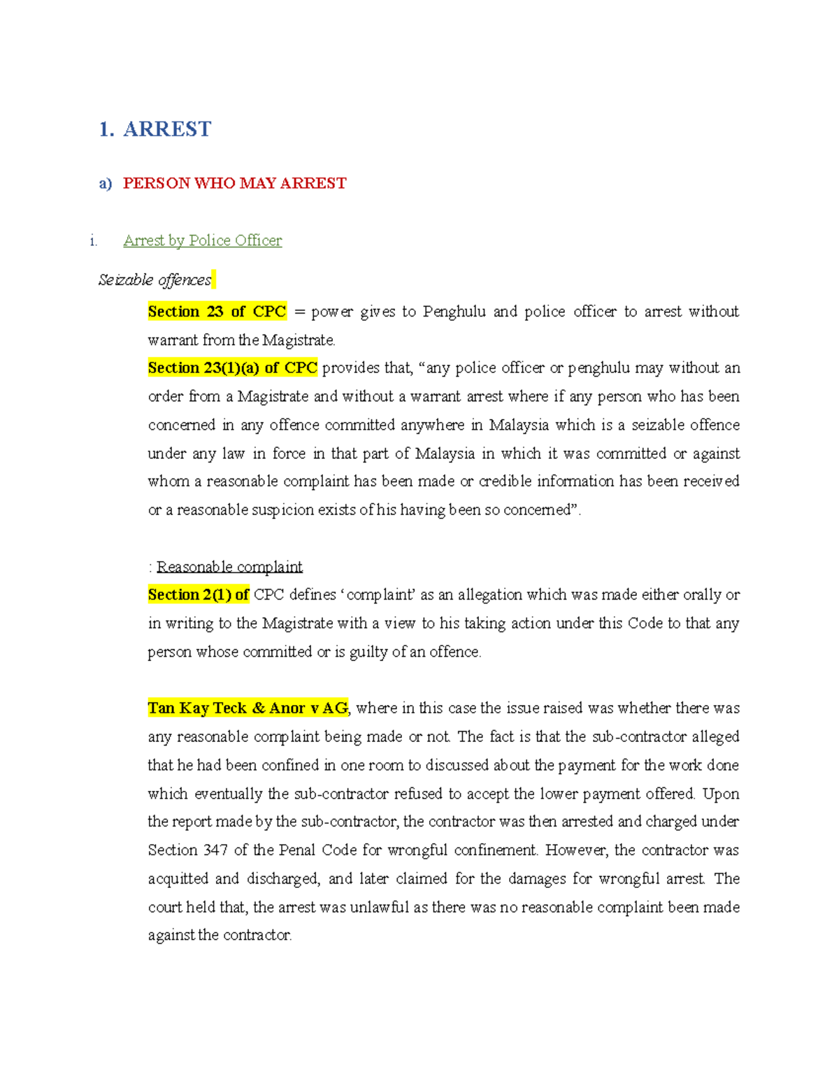 CPC Cases Summaries - 1. ARREST a) PERSON WHO MAY ARREST i. Arrest by ...