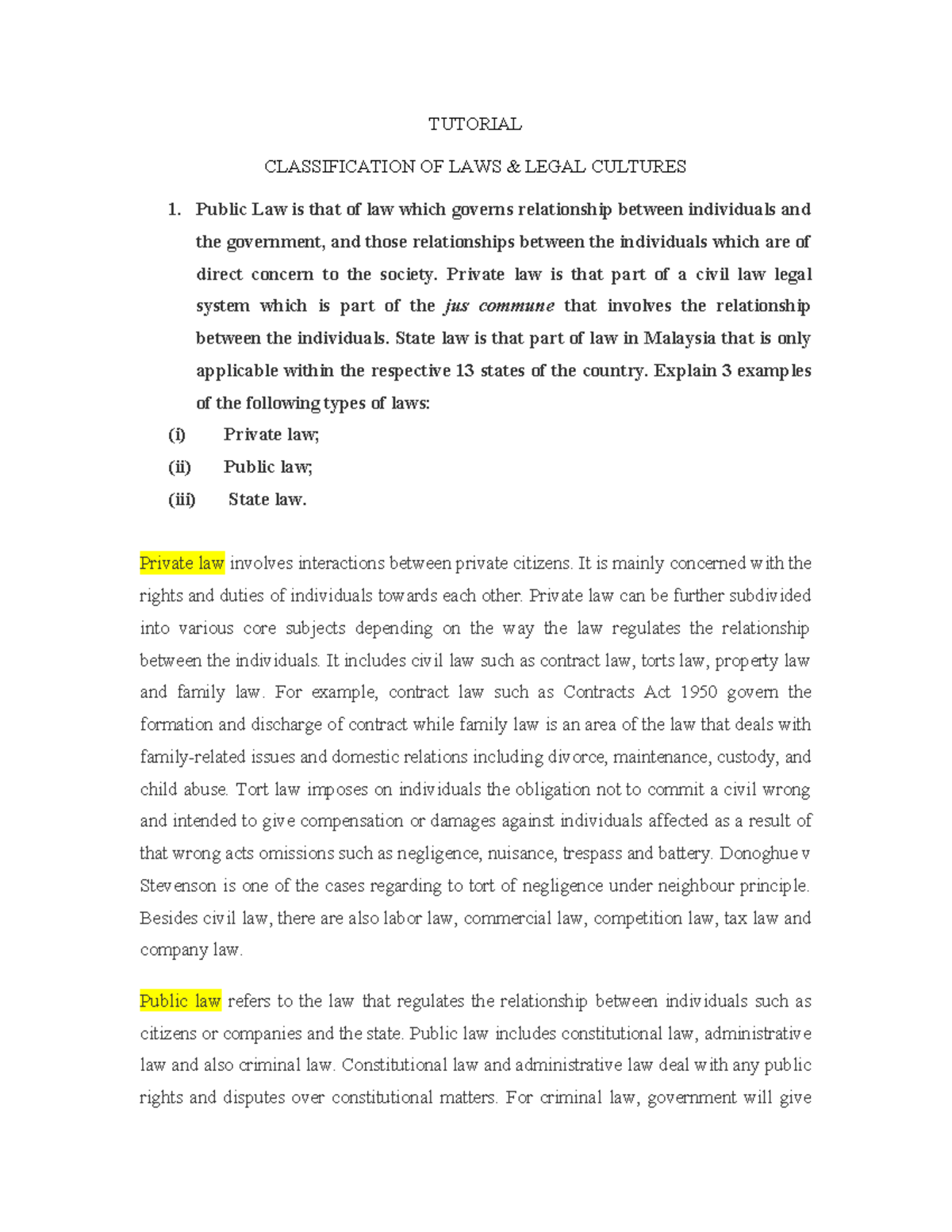 LM Tutorial 7 - TUTORIAL CLASSIFICATION OF LAWS & LEGAL CULTURES Public ...