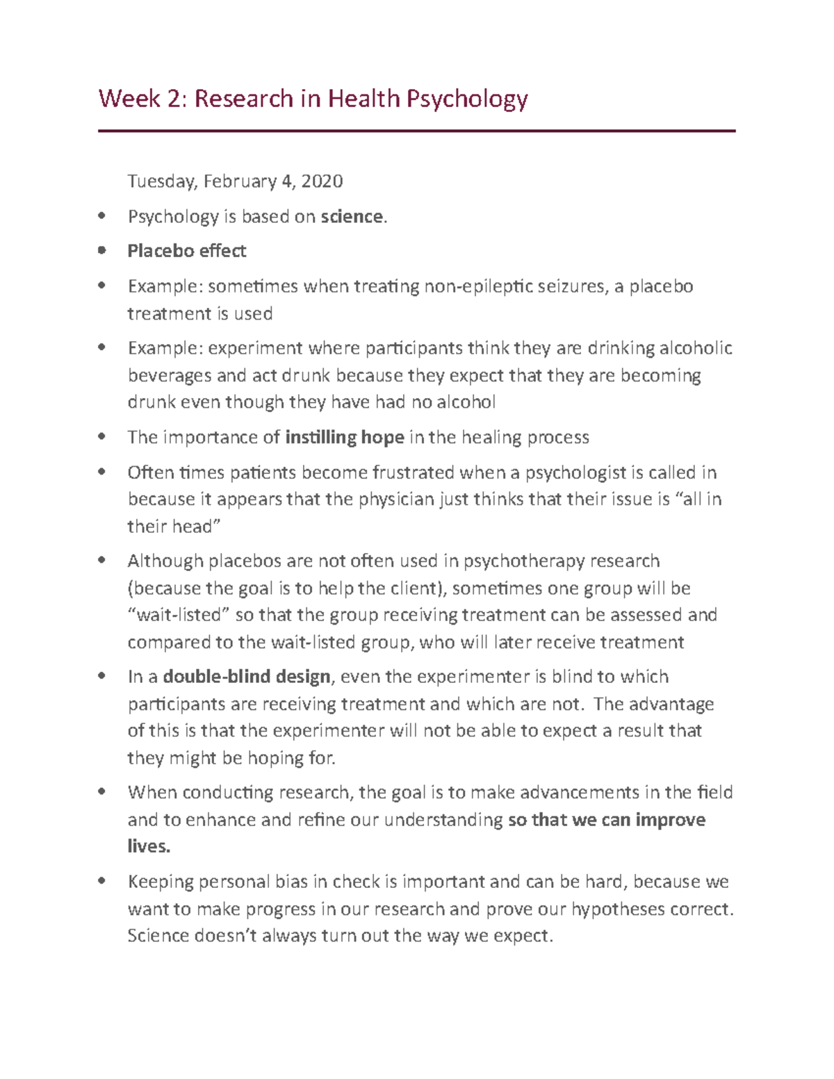Week 2 Notes - Week 2: Research in Health Psychology Tuesday, February ...