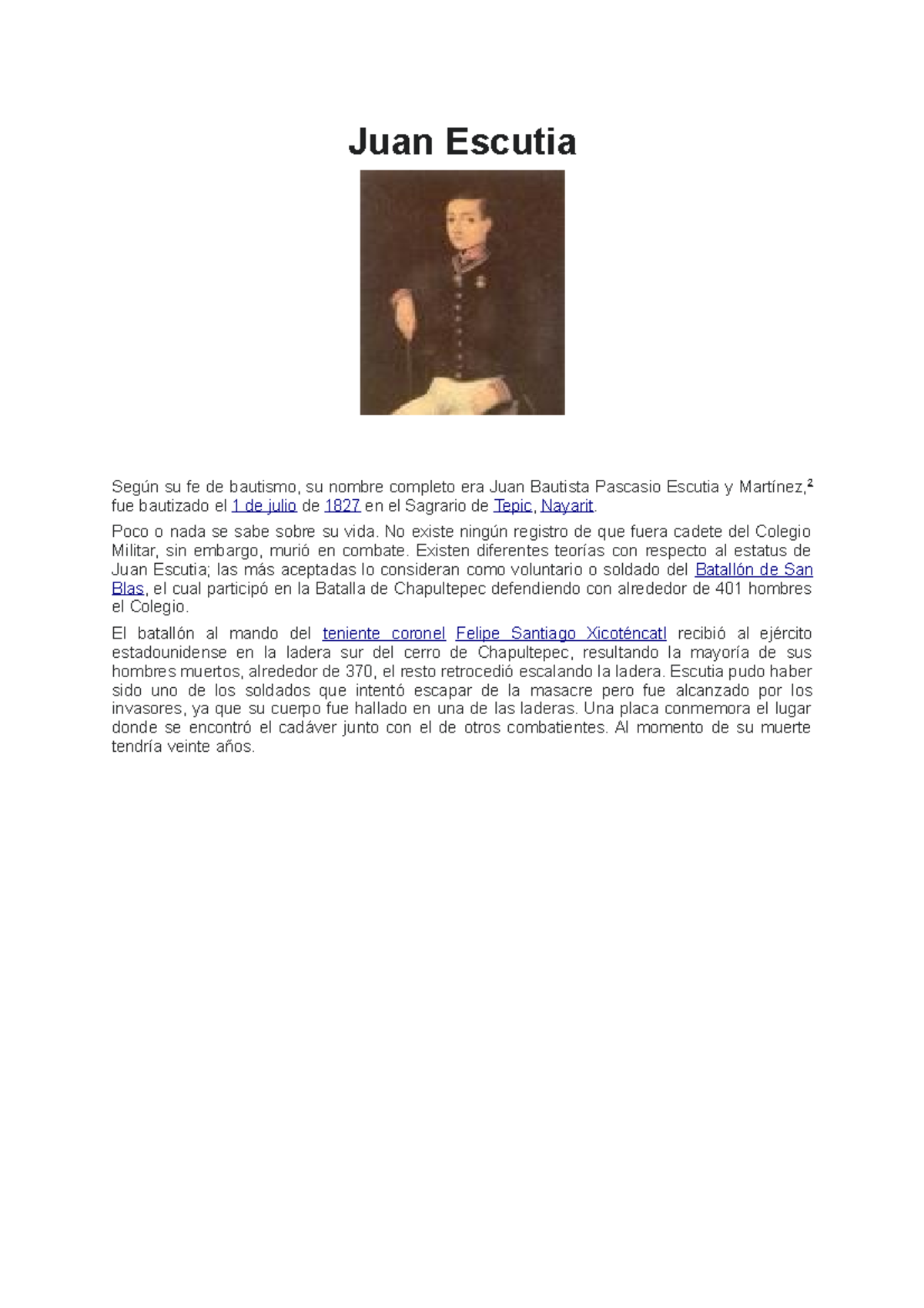 Juan Escutia Biografia de vida aaaaa - Juan Escutia Según su fe de ...