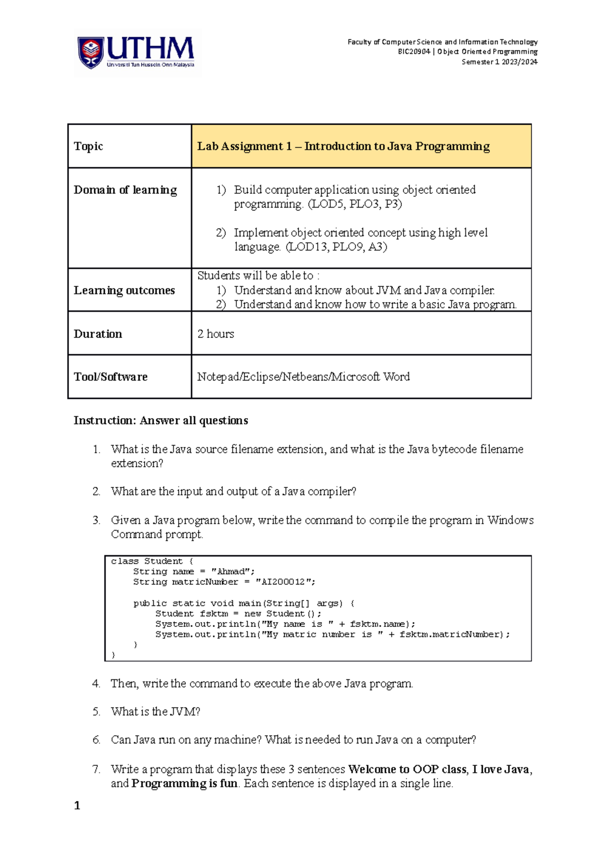 Labassignment 1nintroductiontojavaprogramming - Faculty of Computer Science and Information ...