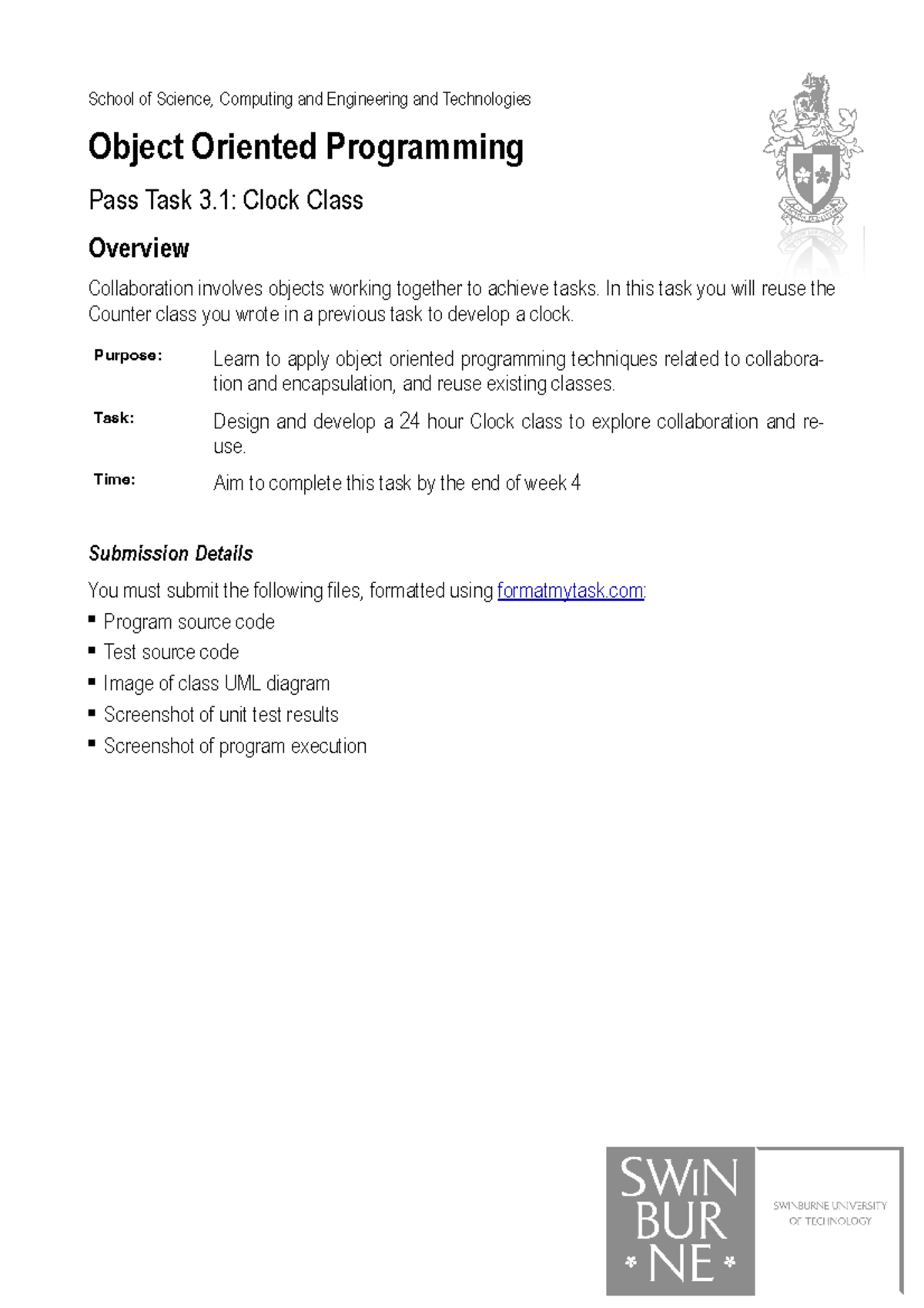 3.1P - Clock Class - 3.1 assignment - School of Science, Computing and Engineering and ...