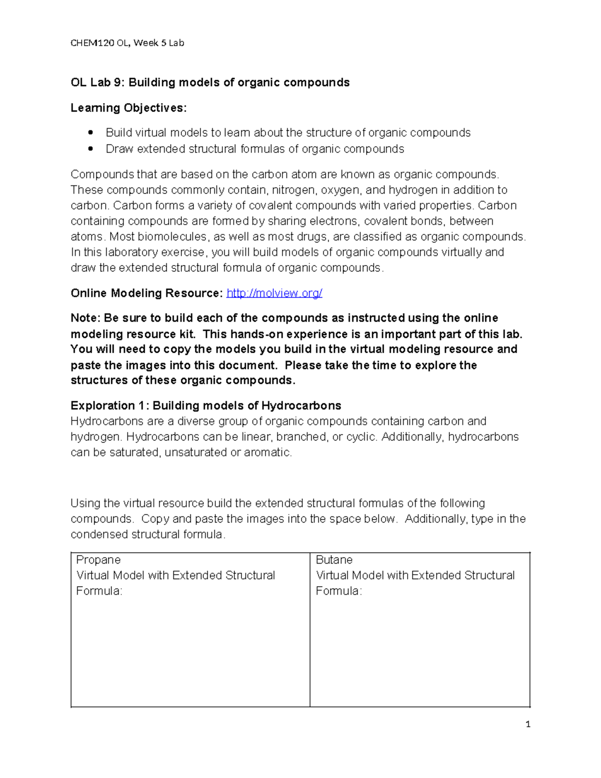 Week 5 Lab- Organic Chemistry - OL Lab 9: Building models of organic ...
