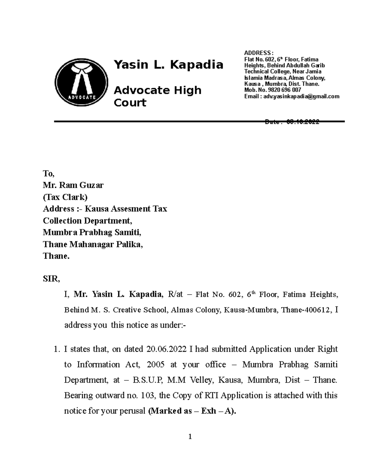 Legal Notice - Property Tax - Yasin L. Kapadia Advocate High Court ...