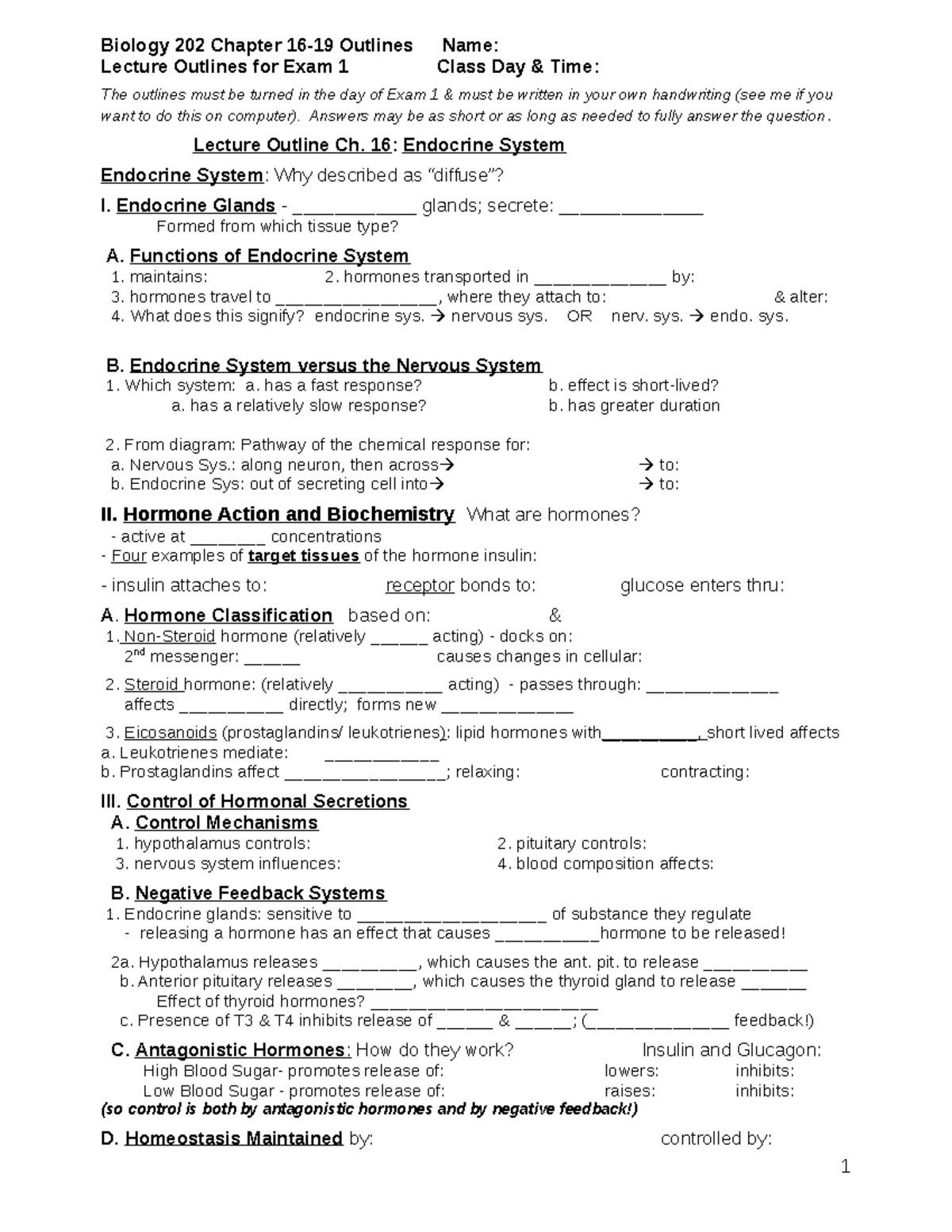 Bio 202 Ch 16 19 Outlines for Exam 1 1 - Biology 202 Chapter 16-19 ...