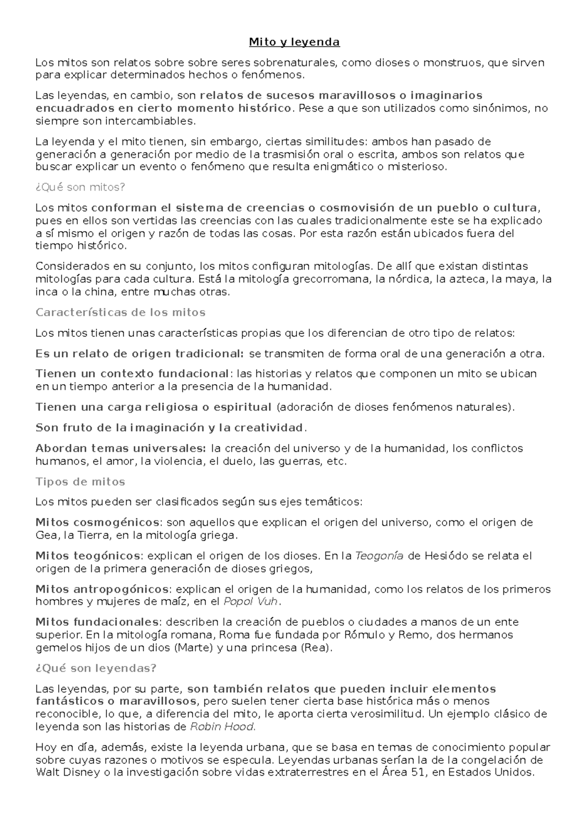 Mito y leyenda- texto expositivo - Mito y leyenda Los mitos son relatos ...