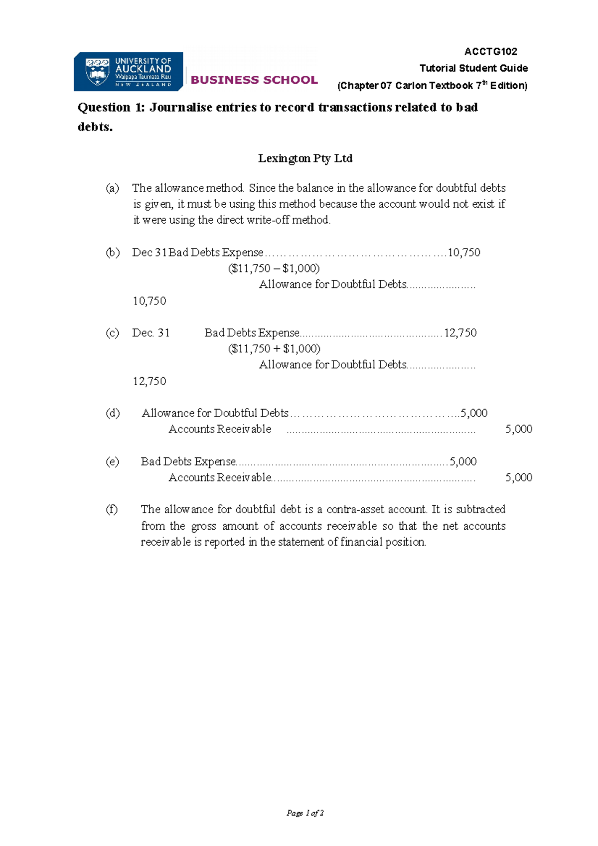 Week 08 Chapter 07 Tutorial Student Guide - ACCTG Tutorial Student Guide (Chapter 07 Carlon ...