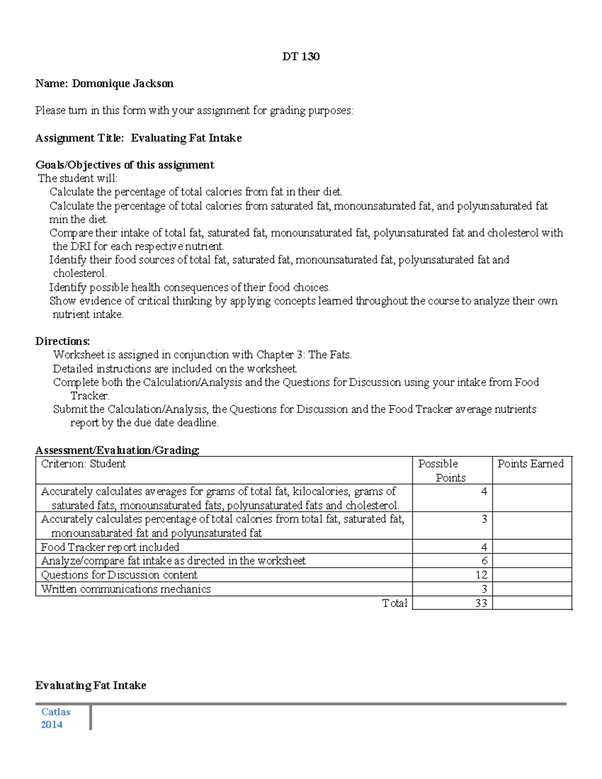 Fat Intake evaluation - DT 130 Name: Domonique Jackson Please turn in ...