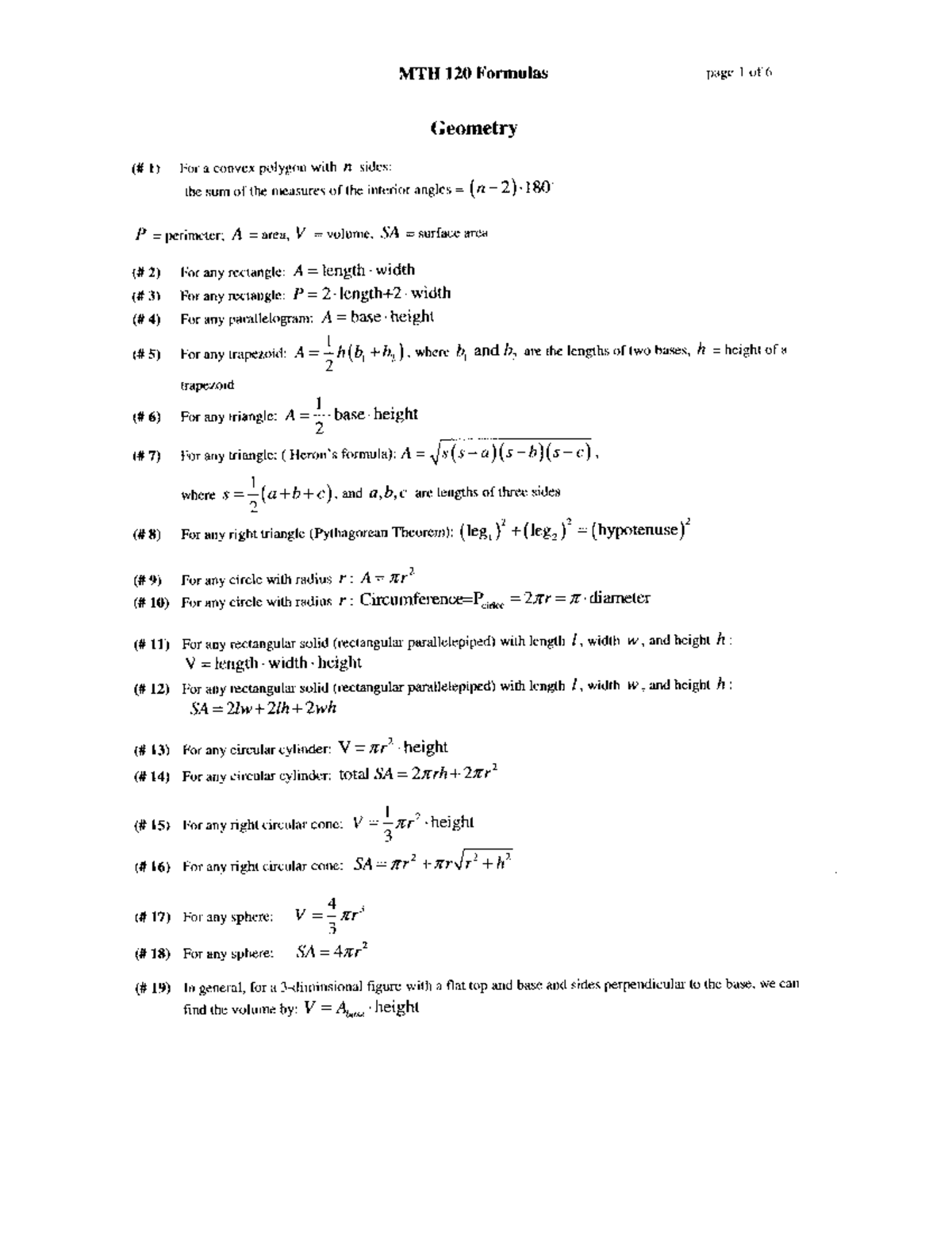 Formula Sheet for Geometry - MTH-120 - Studocu