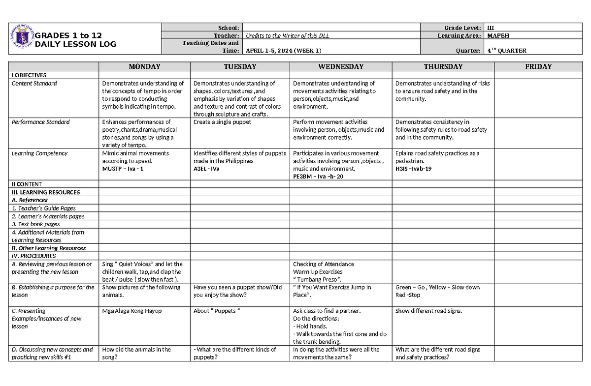 DLL Mapeh 3 Q4 W1 - None - GRADES 1 to 12 DAILY LESSON LOG School ...