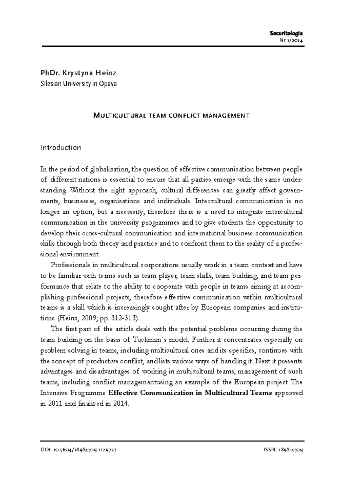 Multicultural team conflict management - Securitologia Nr 1/ DOI: 10. ...