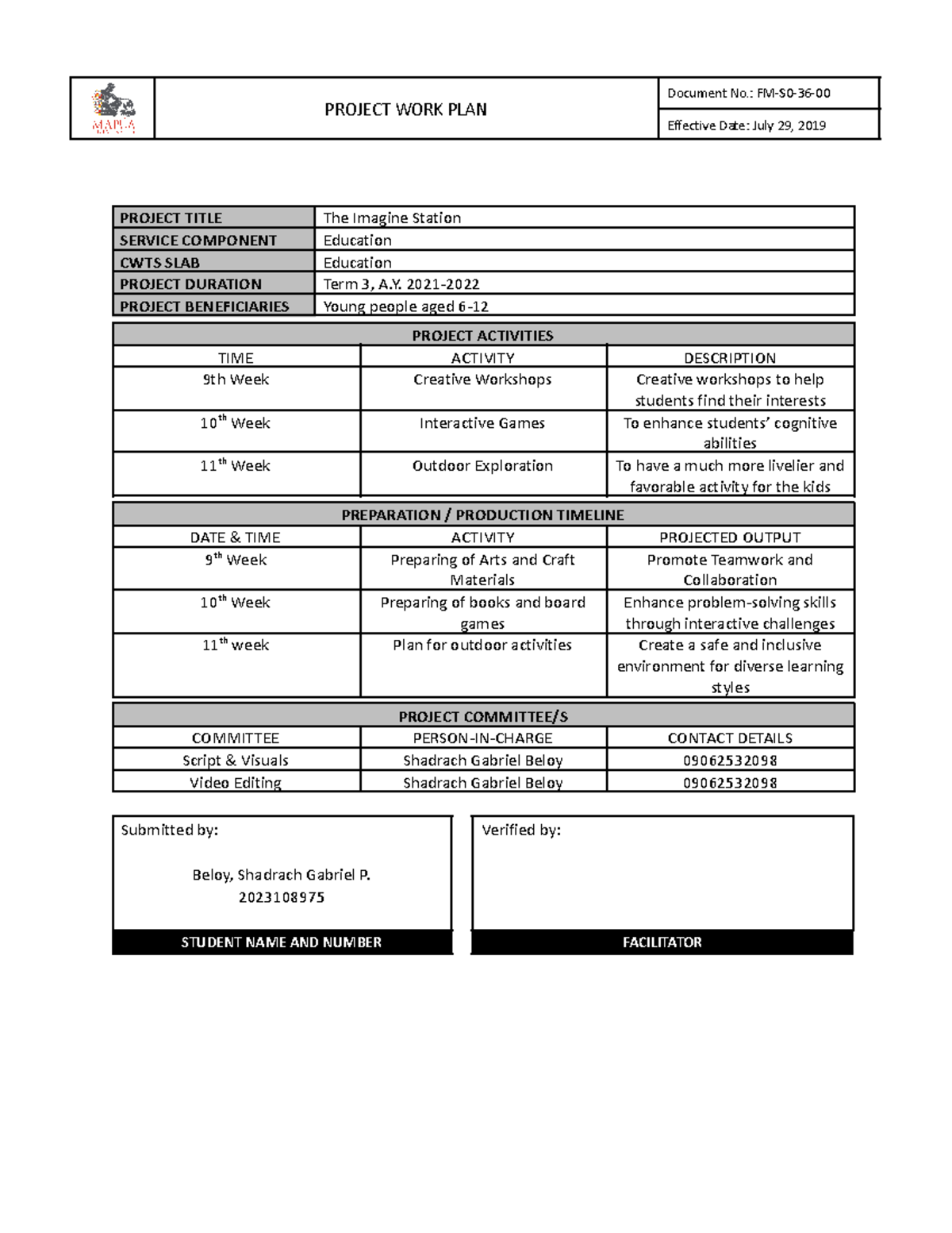 Project Work Plan Form - PROJECT WORK PLAN Document No.: FM-S0-36 ...