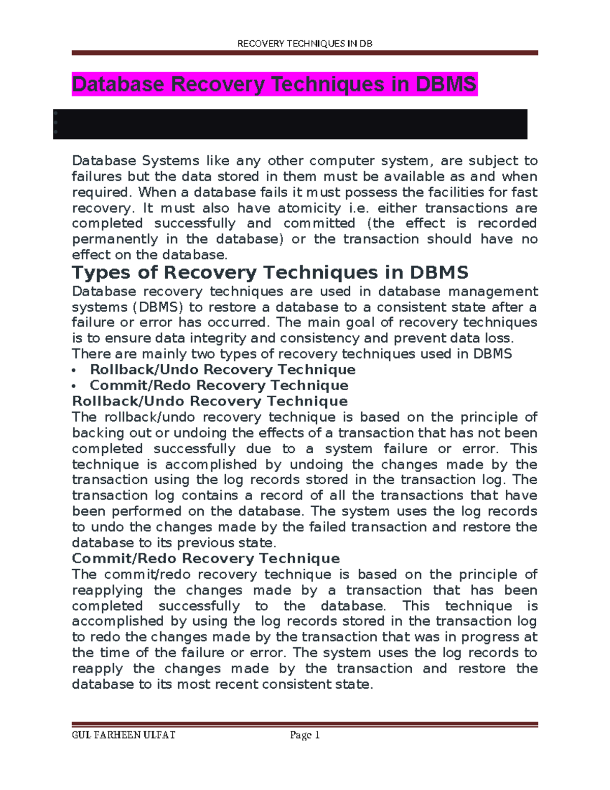 Database Recovery Techniques in DBMS - Database Recovery Techniques in DBMS Database Systems ...
