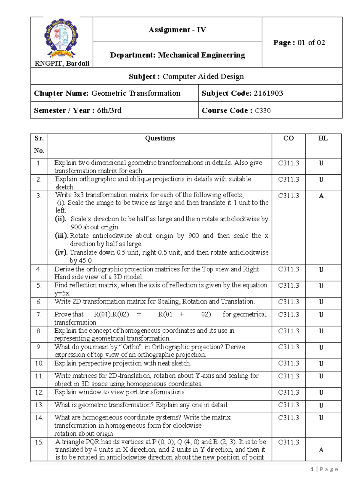 DOC LM Geometric Transformation CAD IV - RNGPIT, Bardoli Assignment ...