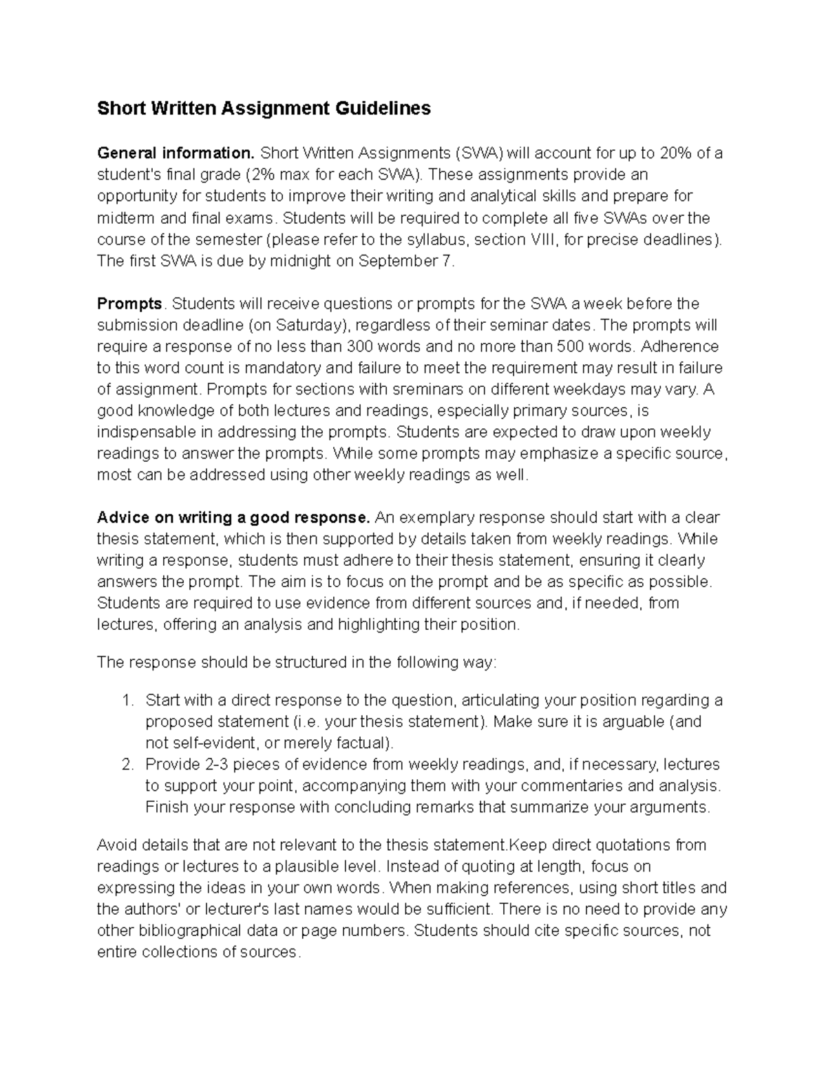 Short Written Assignment Guidelines - Short Written Assignment ...