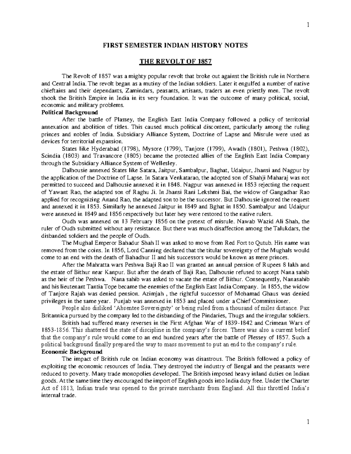 S1 IH Notes-FULL - Revolt of 1857 - FIRST SEMESTER INDIAN HISTORY NOTES ...