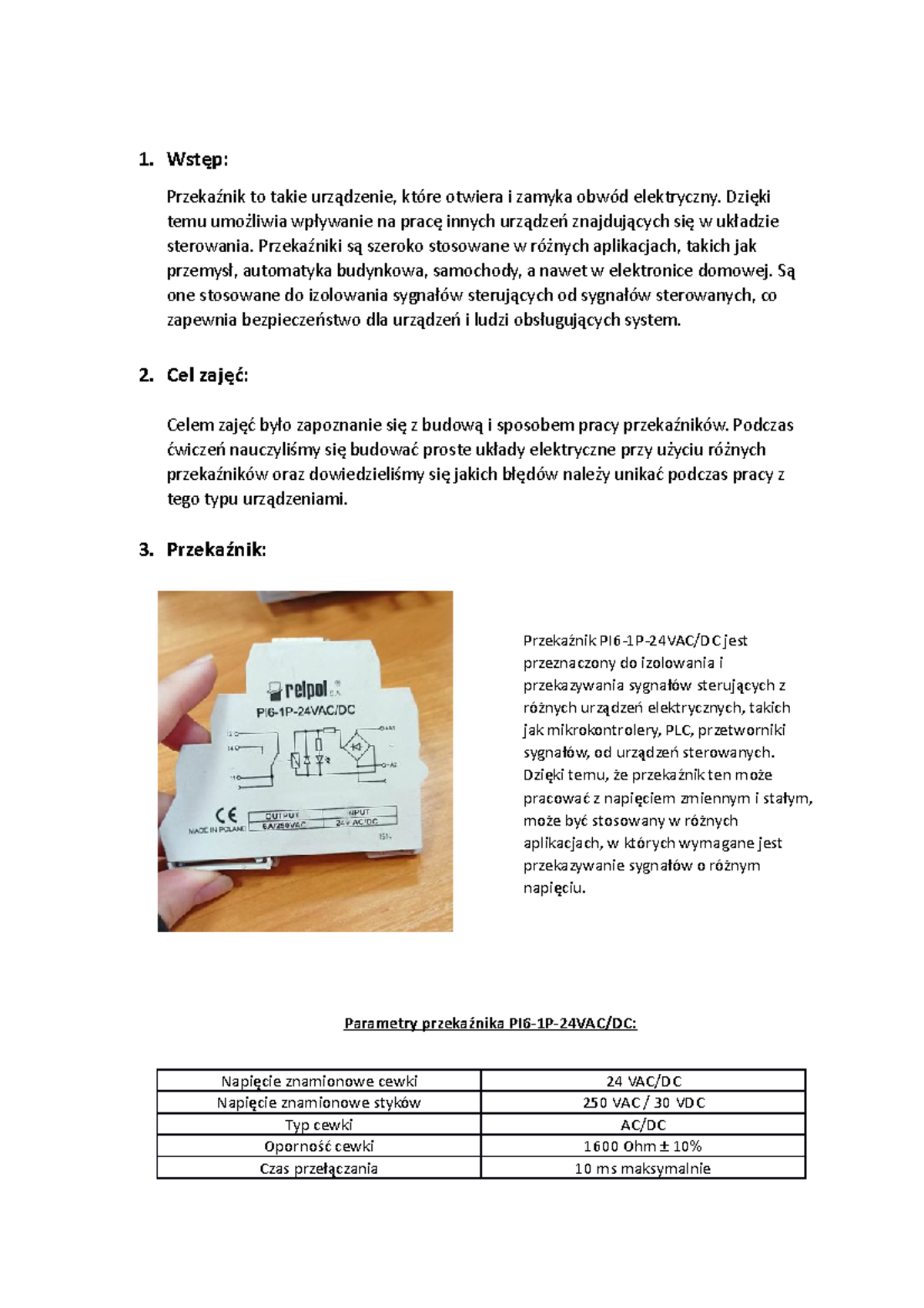 12T2 L03 EAP Sprawozdanie L4 — kopia - 1. Wstęp: Przekaźnik to takie ...