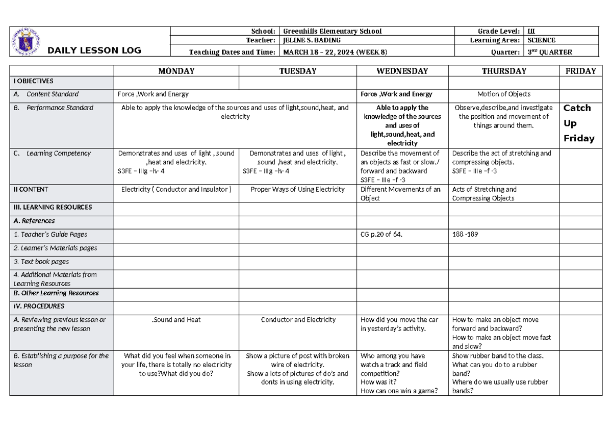 DLL Science 3 Q3 W8 - DAILY LESSON LOG School: Greenhills Elementary ...