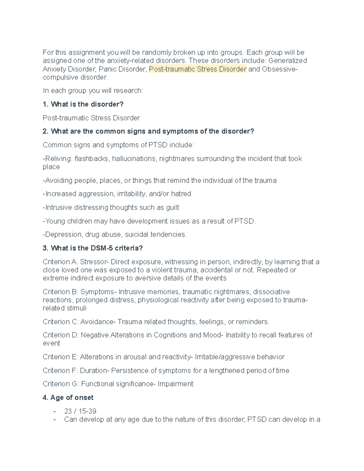 PTSD In Class Assignment - For this assignment you will be randomly ...