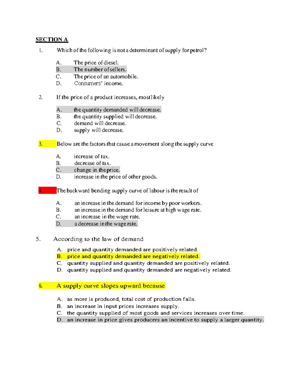 Tutorial Chapter 2 - Demand and Supply Analysis - SECTION A Which of ...