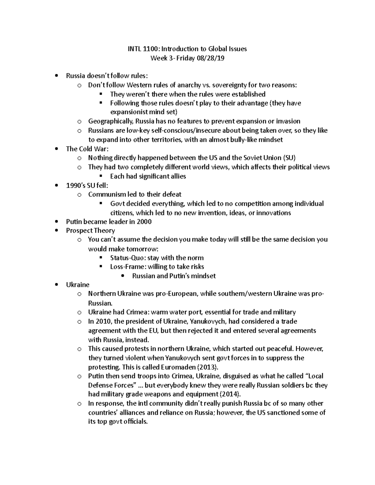 08.28 Notes - INTL 1100: Introduction to Global Issues Week 3- Friday ...