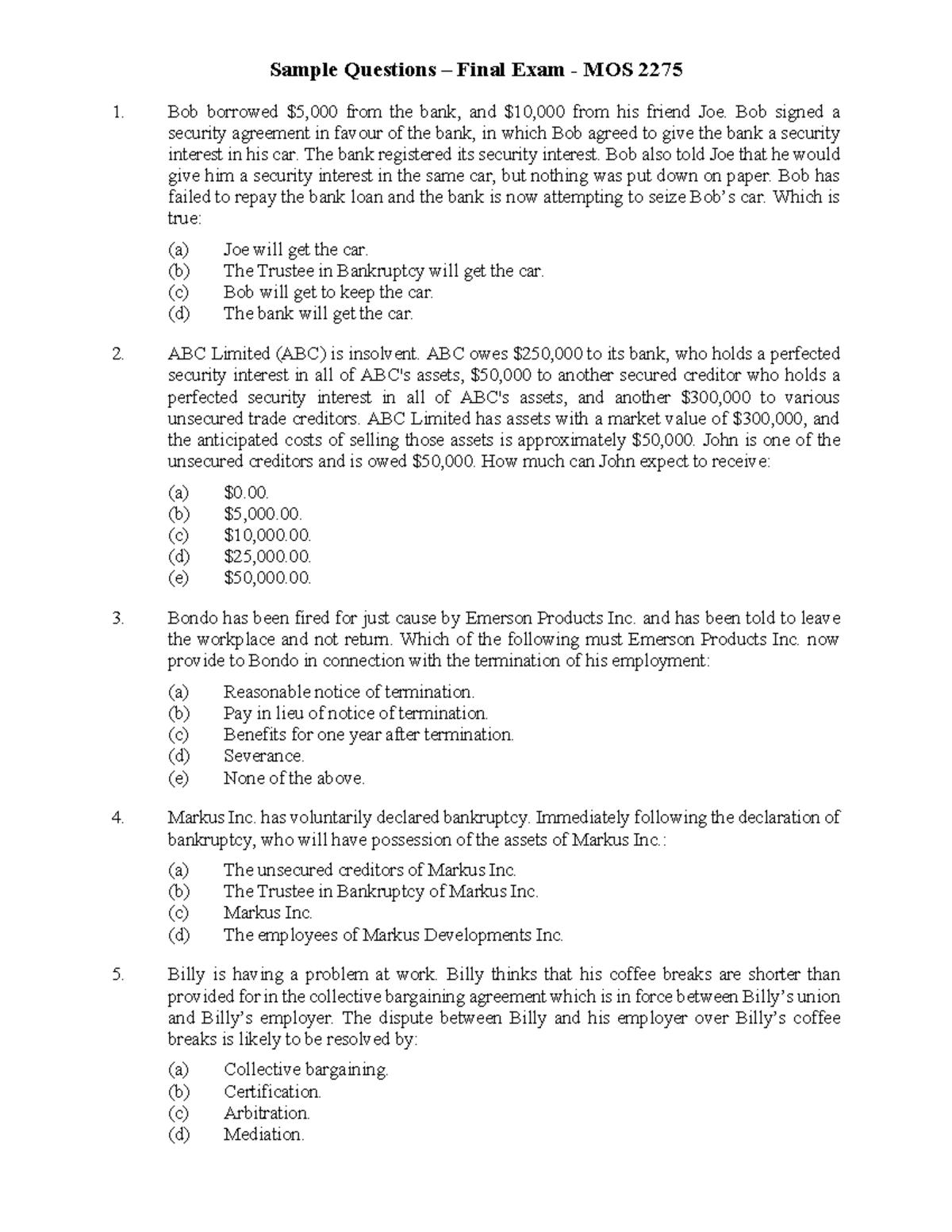 Sample+Questions+Final+Exam - Sample Questions – Final Exam - MOS 2275 ...