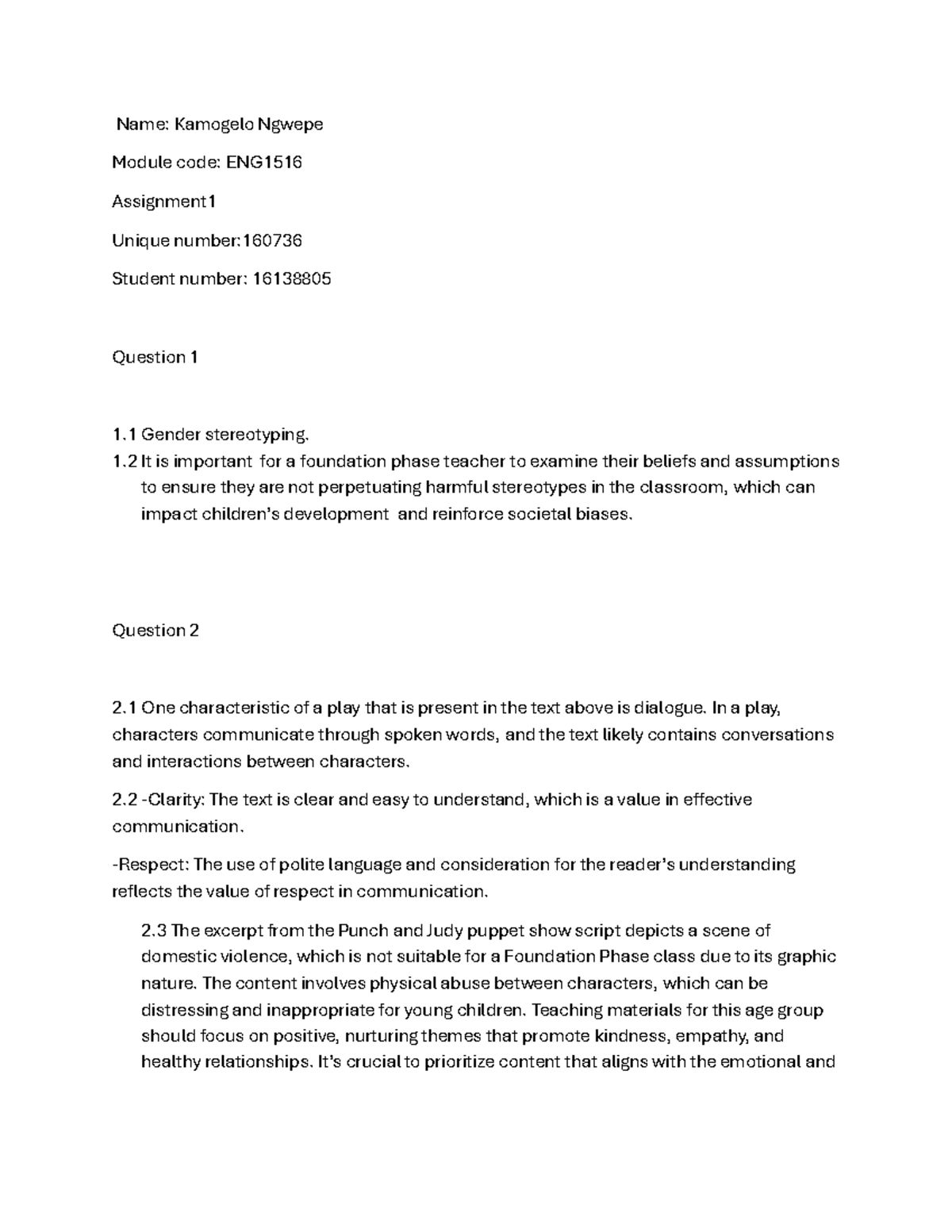 Document - Name: Kamogelo Ngwepe Module code: ENG Assignment Unique number: 160736 Student ...