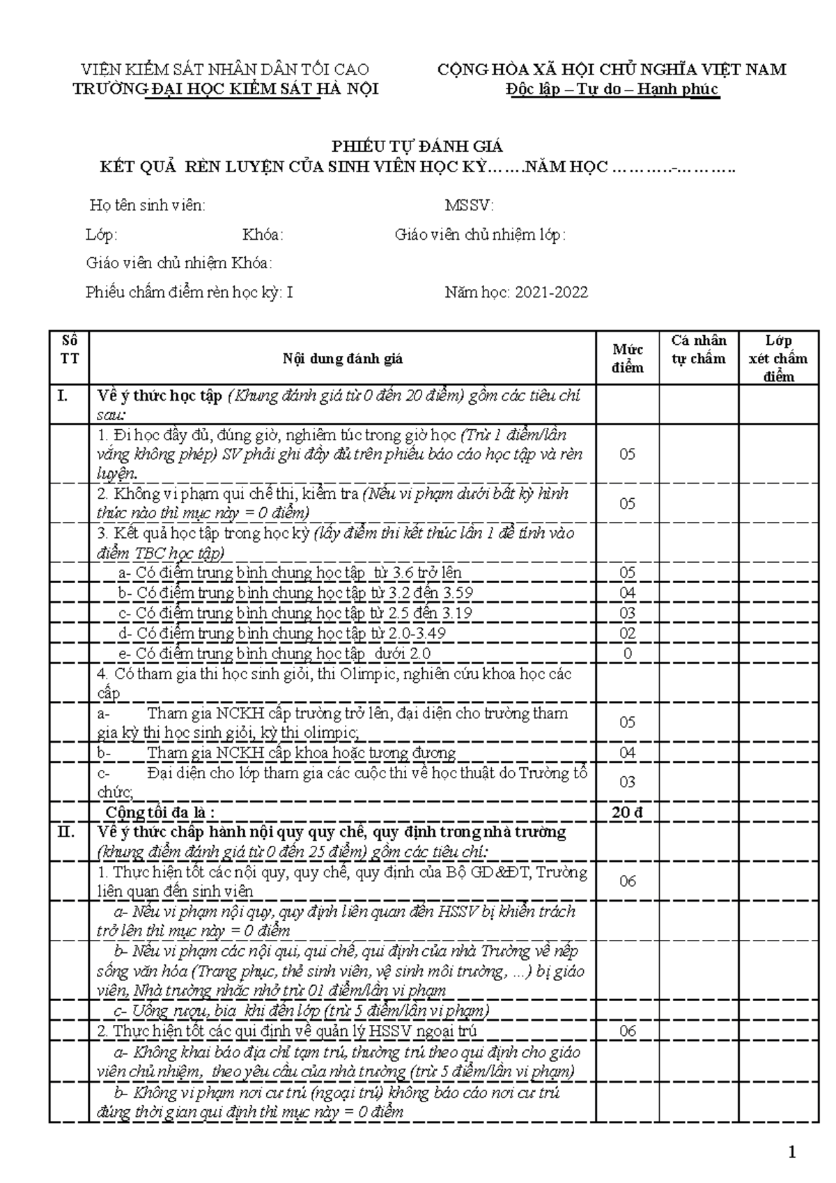 Phieu DANH GIA KET QUA DIEM REN Luyen - VIỆN KIỂM SÁT NHÂN DÂN TỐI CAO ...