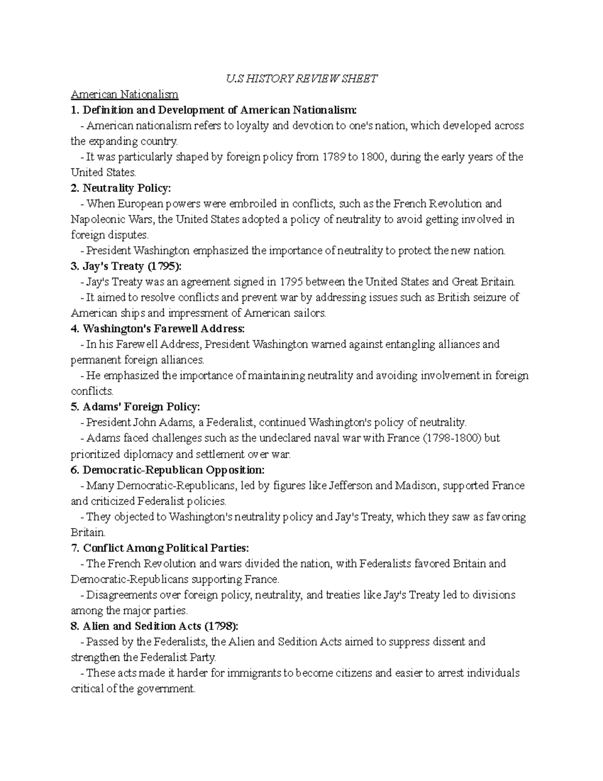 U.S History Review Sheet - U HISTORY REVIEW SHEET American Nationalism ...