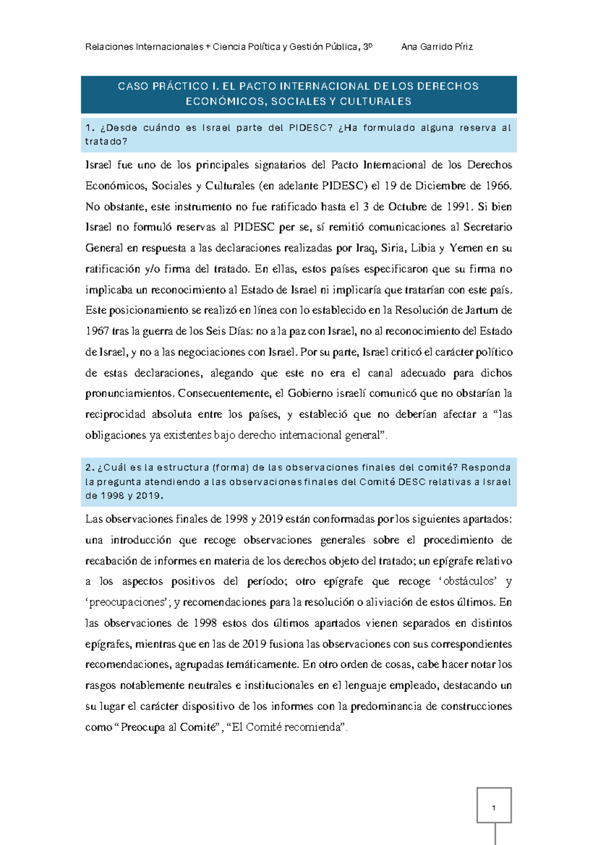 DIDH - P1 - Práctica PIDESC - CASO PRÁCTICO I. EL PACTO INTERNACIONAL ...