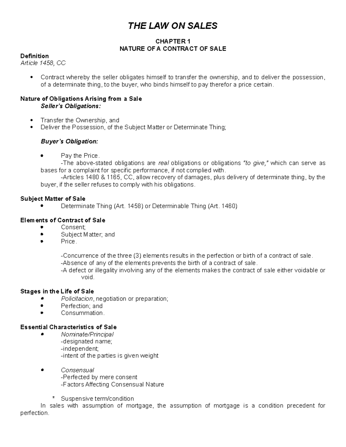 THE LAW ON Sales - hdhdxf - THE LAW ON SALES CHAPTER 1 NATURE OF A ...
