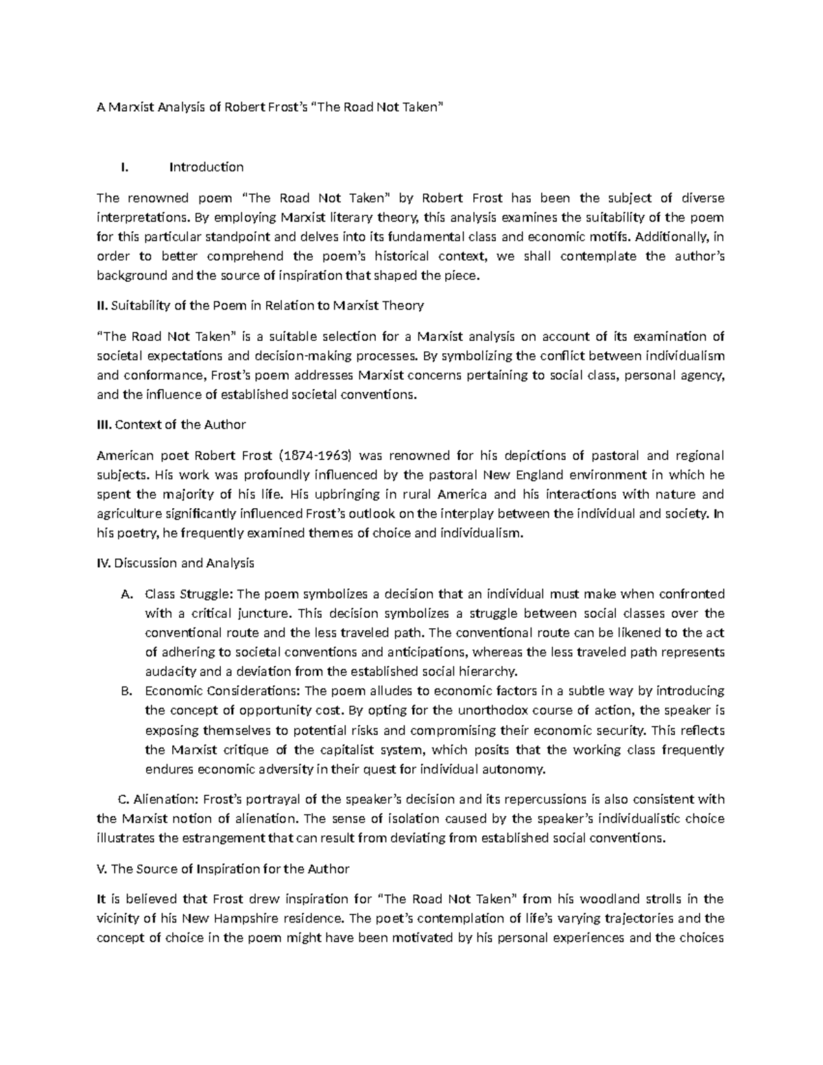 Critical Analysis Paper - A Marxist Analysis of Robert Frost’s “The ...