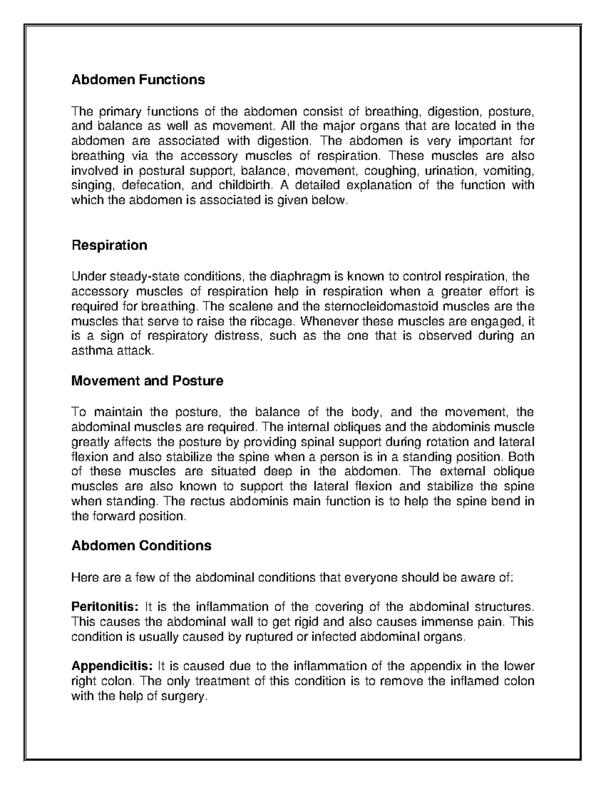 Abdomen Functions - Lecture notes 1 - Abdomen Functions The primary ...