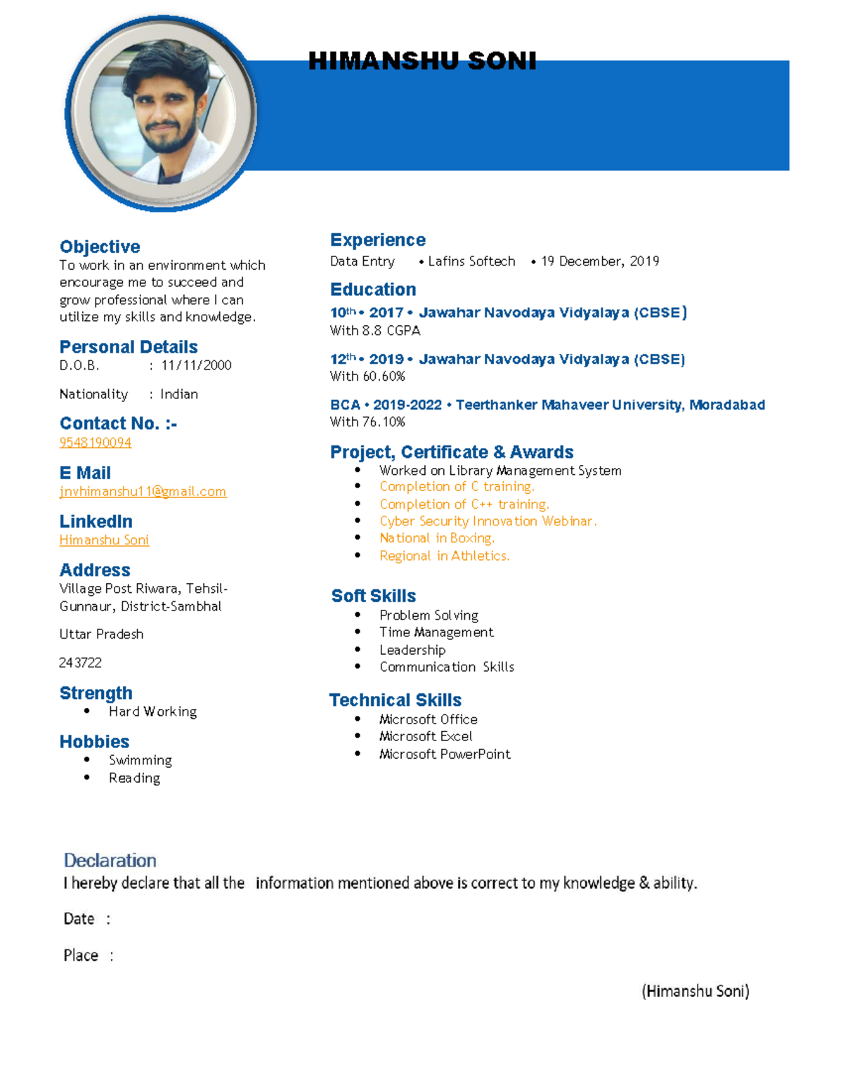 Himanshu New Resume - gd - HIMANSHU SONI Objective To work in an environment which encourage me ...