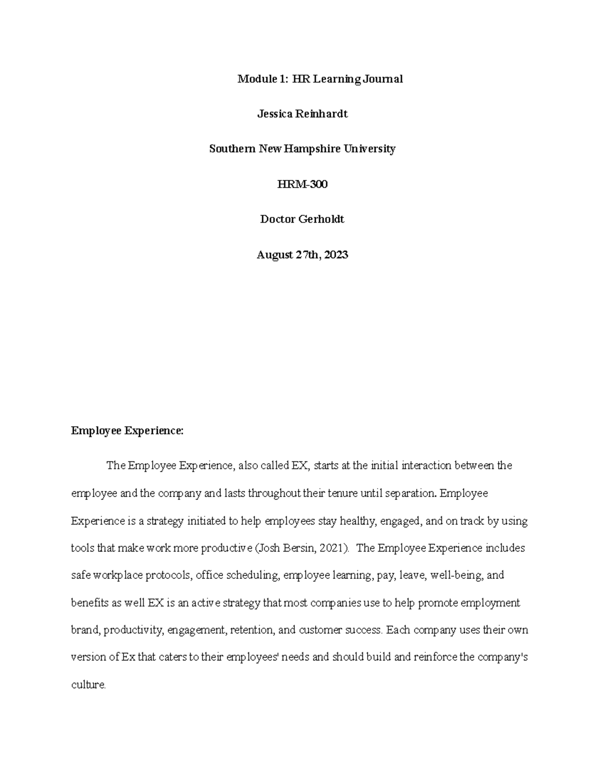 1-3 HR Learning Journal: Employee Experience Assignment - Module 1: HR ...