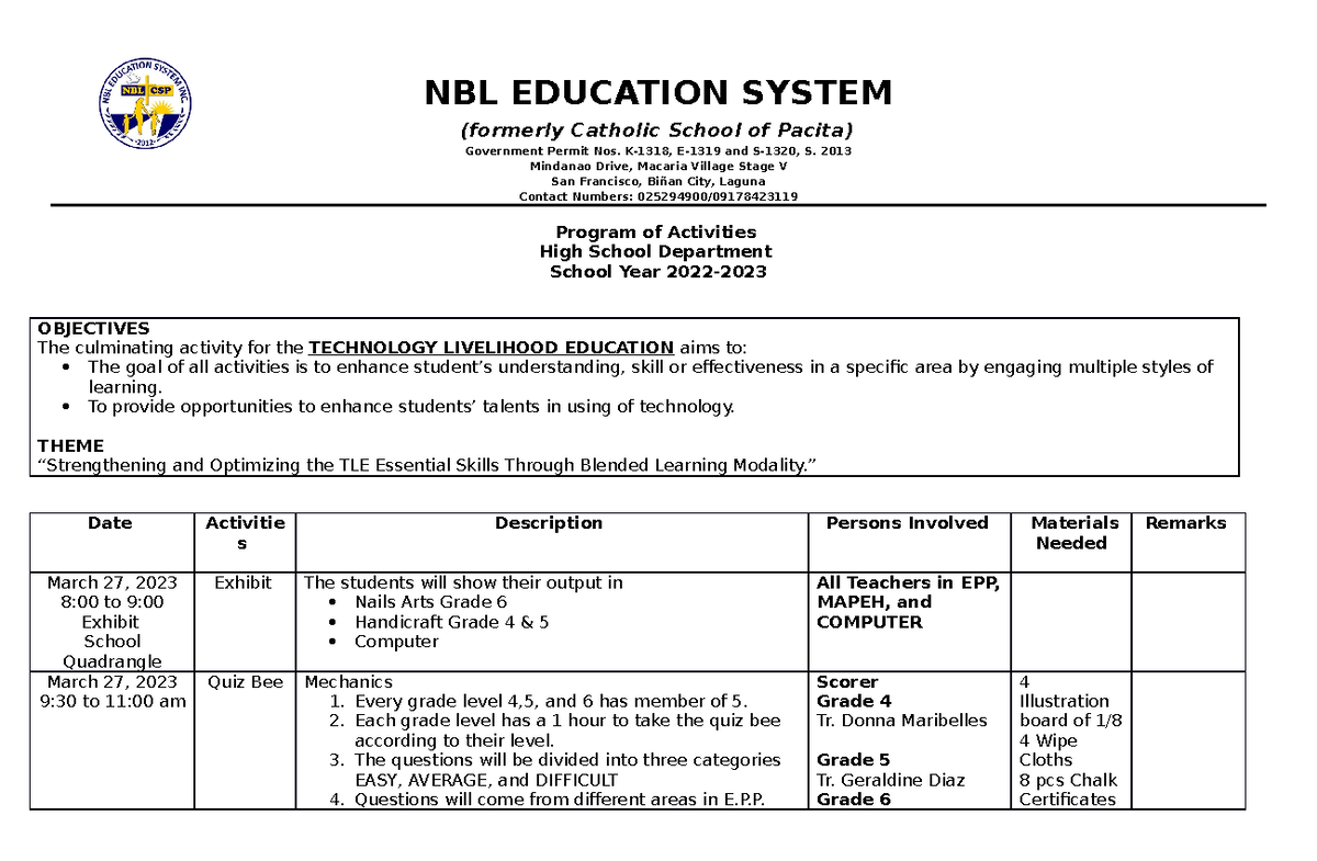 2023 TLE WEEK ELEM - additional info - NBL EDUCATION SYSTEM (formerly ...