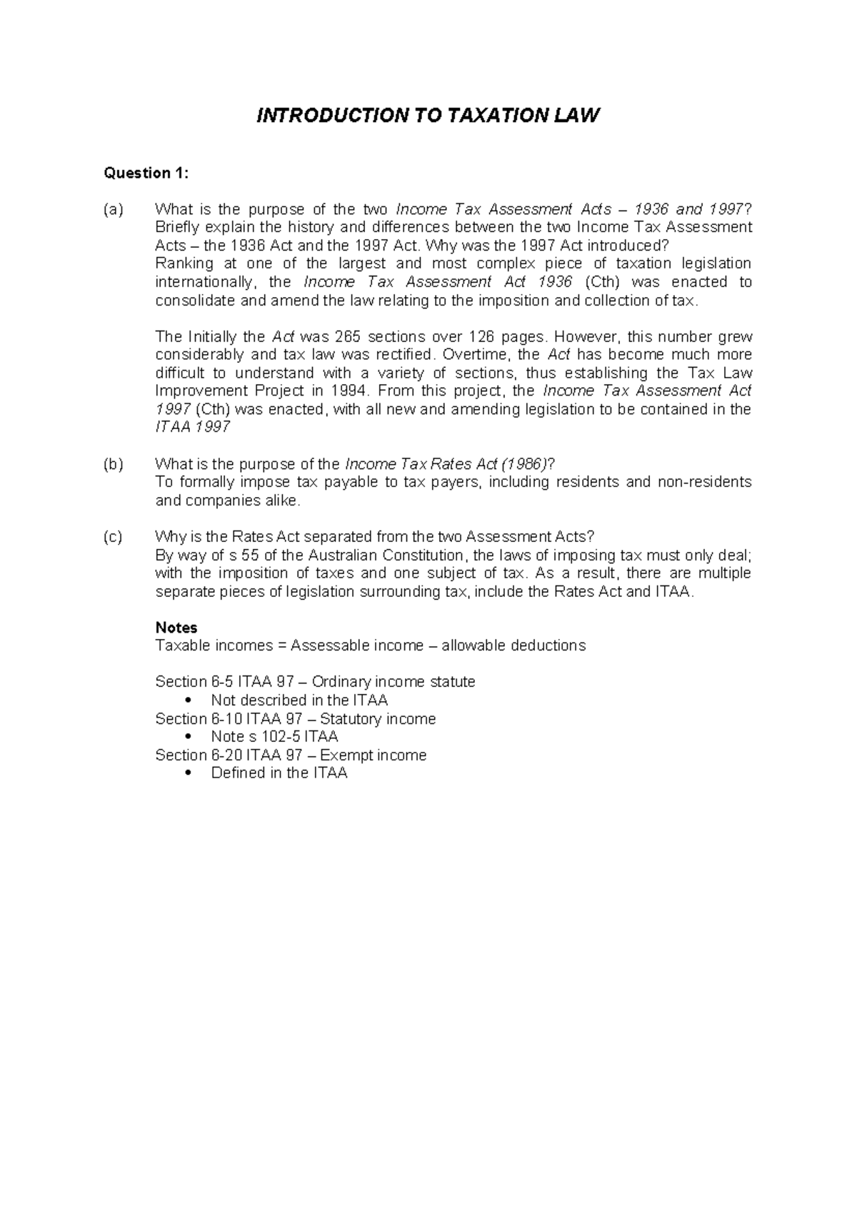 Introduction to Taxation - INTRODUCTION TO TAXATION LAW Question 1: (a ...