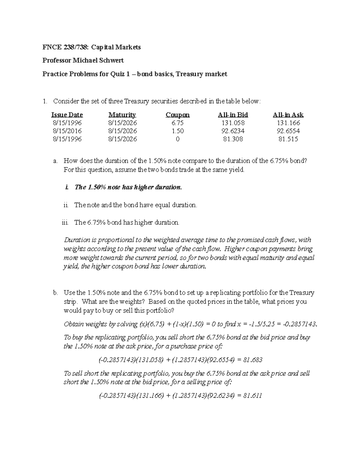Practice Problems - Quiz 1 (Solutions) - FNCE 238/738: Capital Markets ...