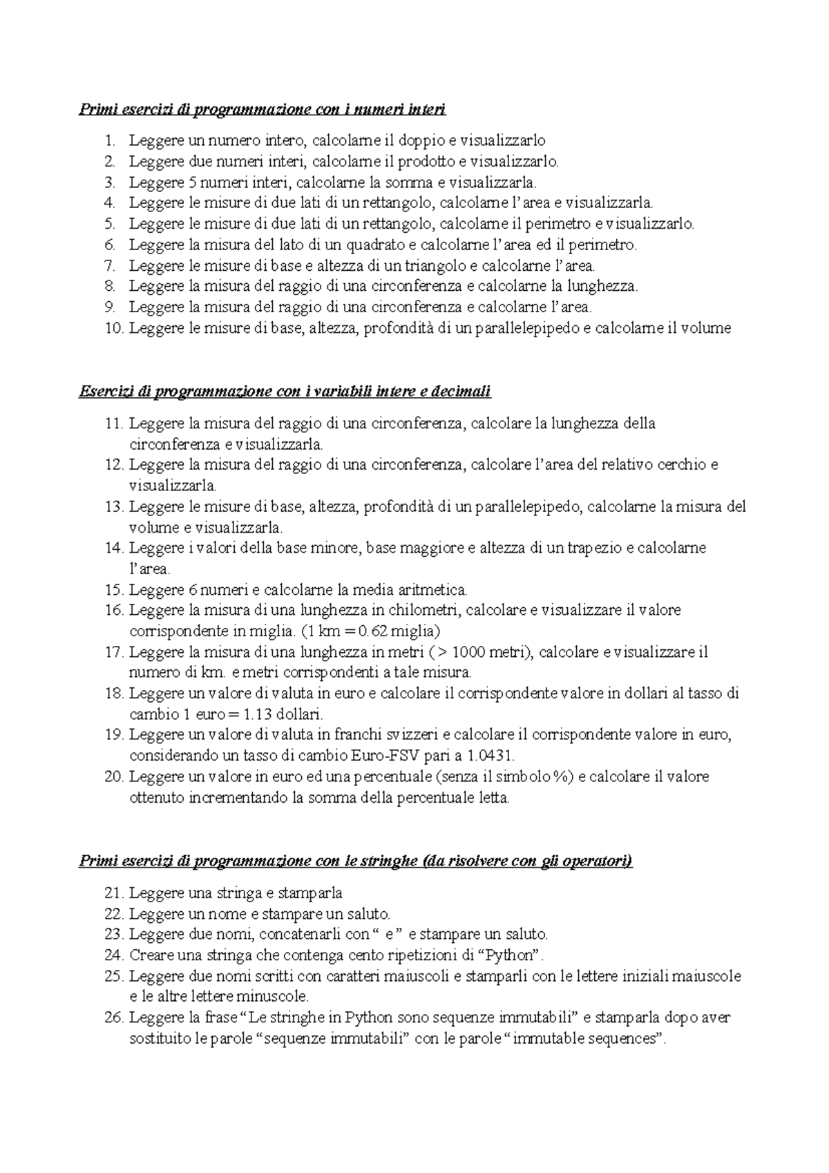 Elenco Esercizi Python - Primi esercizi di programmazione con i numeri ...