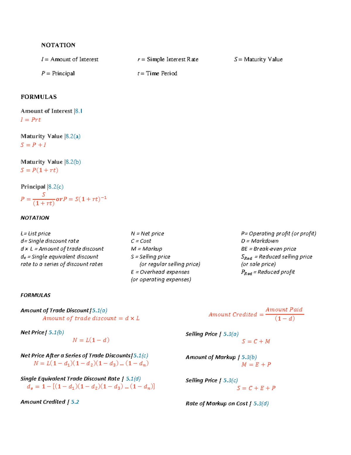 Formulas - NOTATION I = Amount of Interest P = Principal r = Simple ...