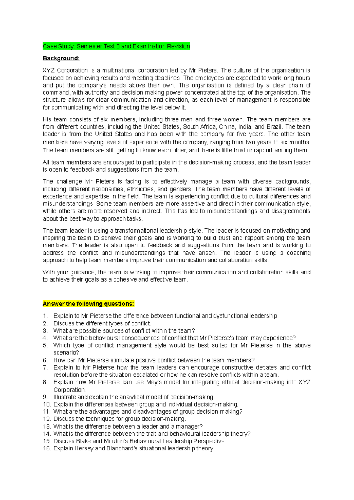 Case Study- Semester Test 3 and Examination Revision Part 3 - Case ...