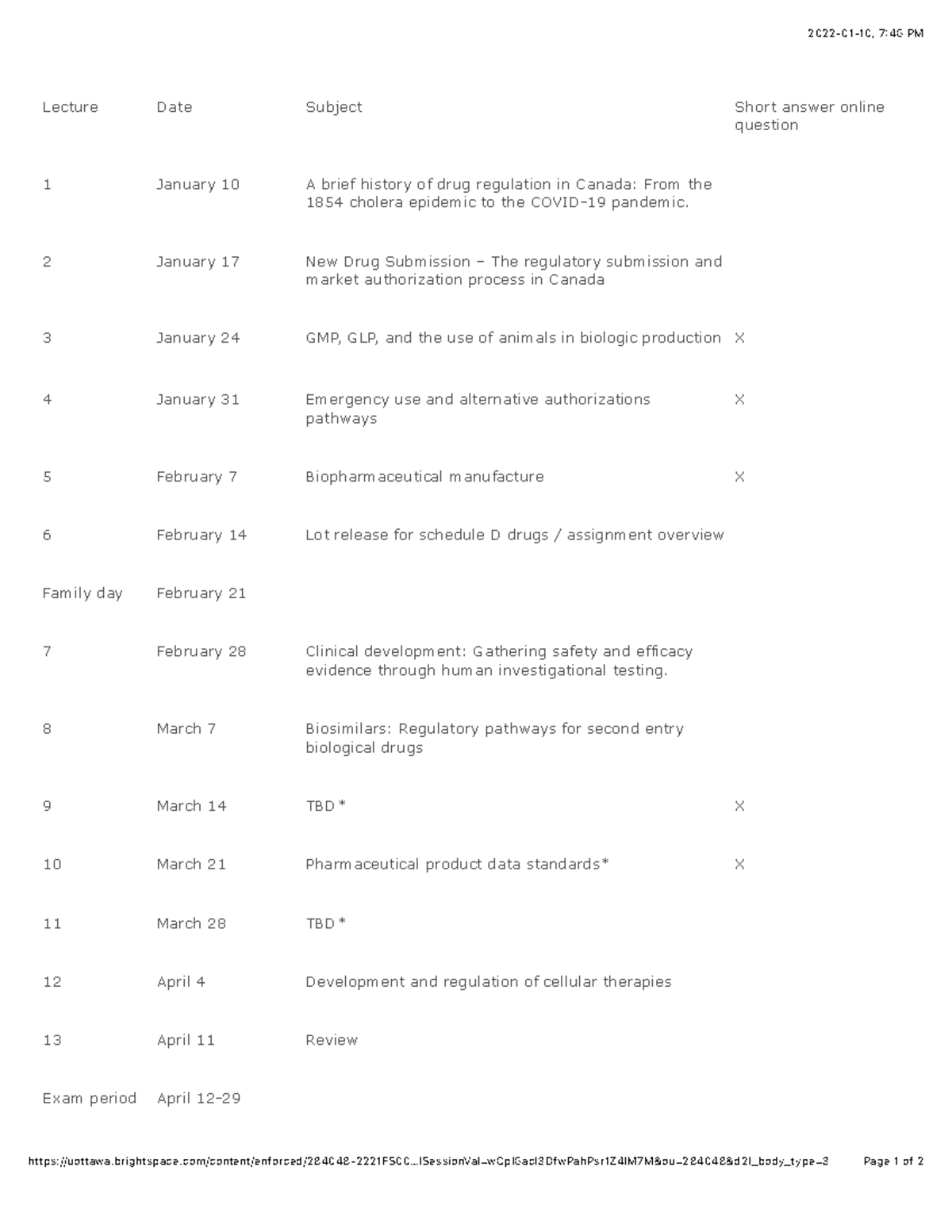 Lecture calendar - BPS4102[A] Pharmaceuticals: Fed.Intl Reg. 20221 ...