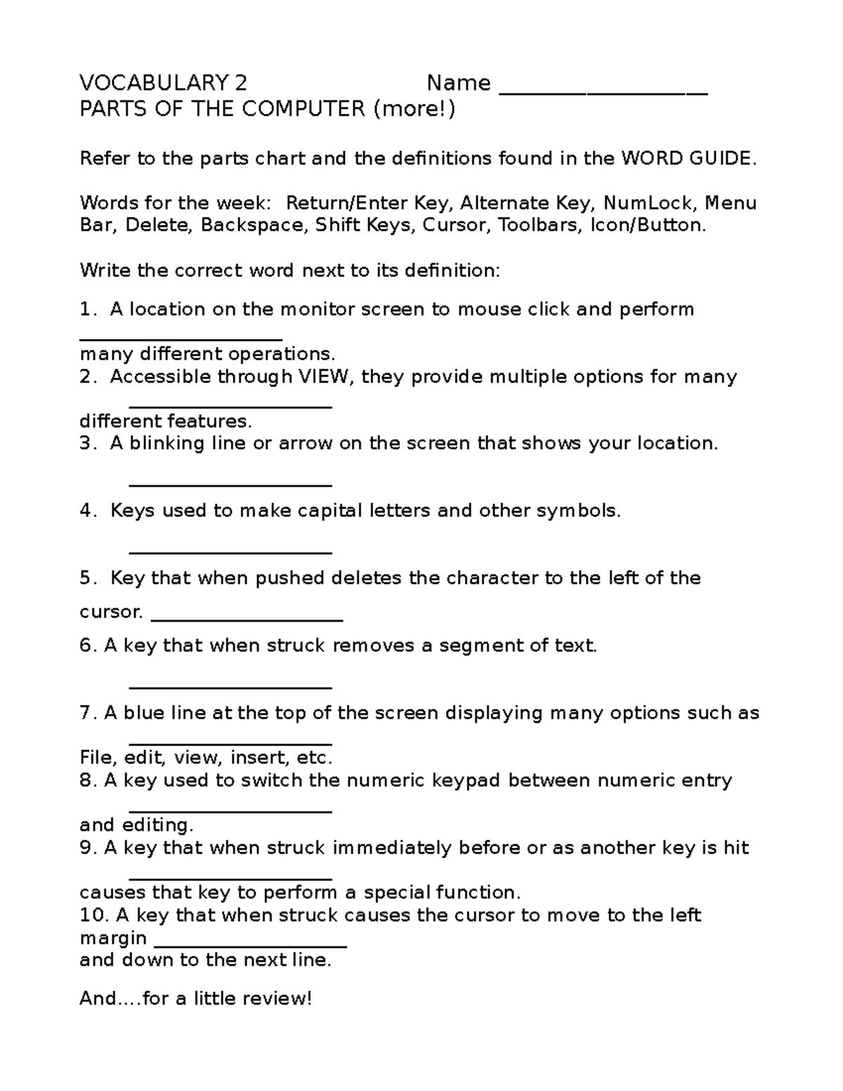 Vocab 2 worksheet parts - VOCABULARY 2 Name ___________________ PARTS ...