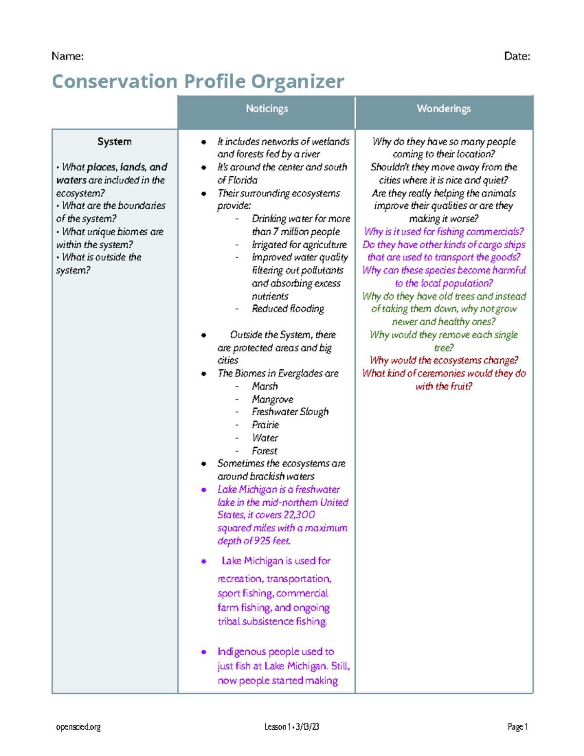 B.1 Lesson 1 Handout Conservation Profile Organizer - Name: Date ...