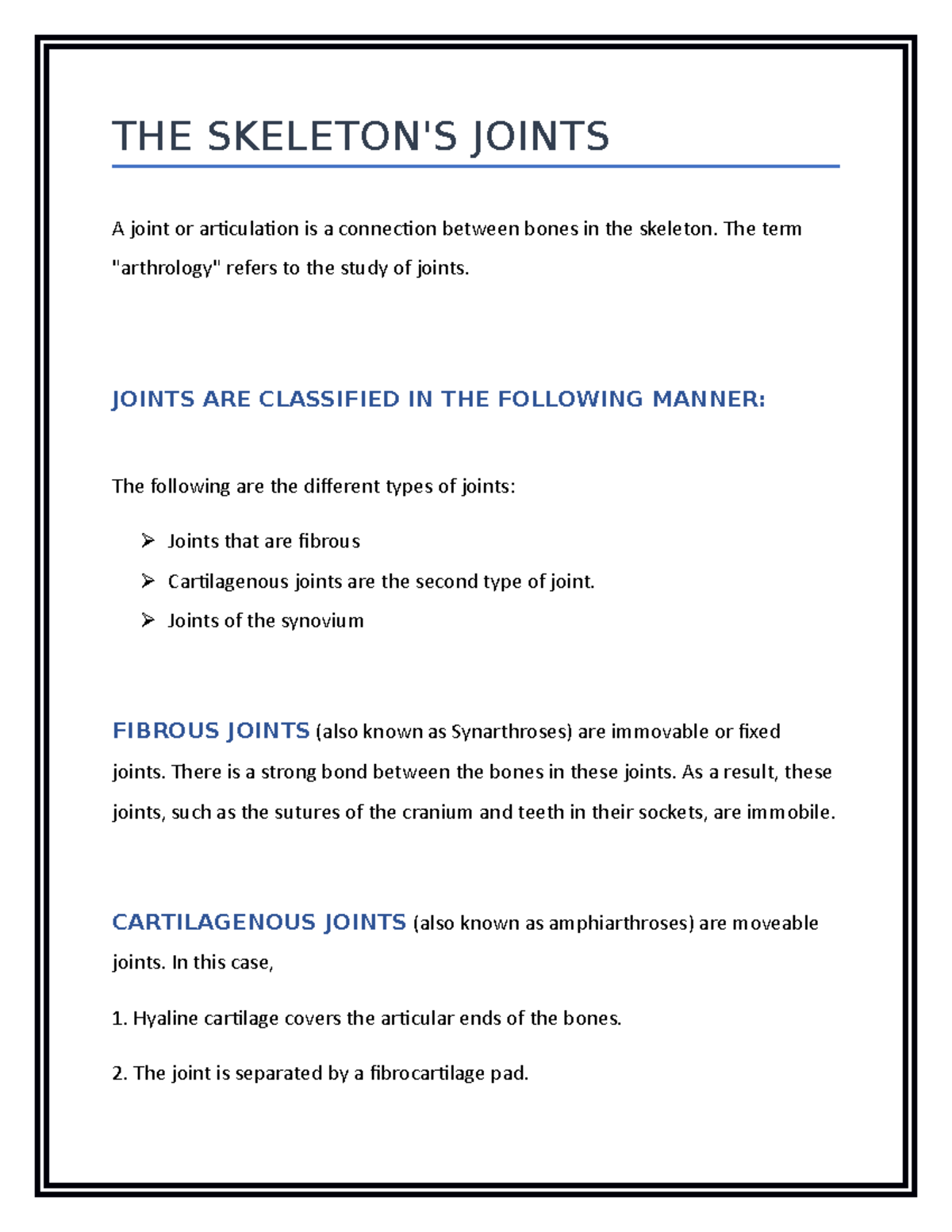 AN Overview OF THE Skeleton Joints - THE SKELETON'S JOINTS A joint or ...