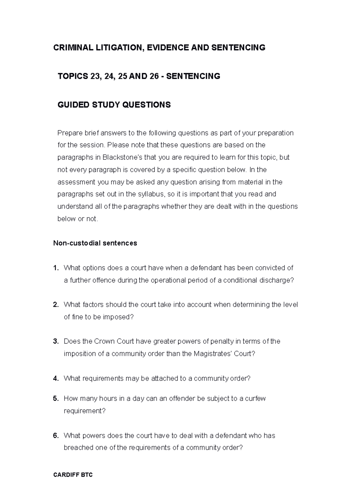 Guided study questions - CRIMINAL LITIGATION, EVIDENCE AND SENTENCING ...