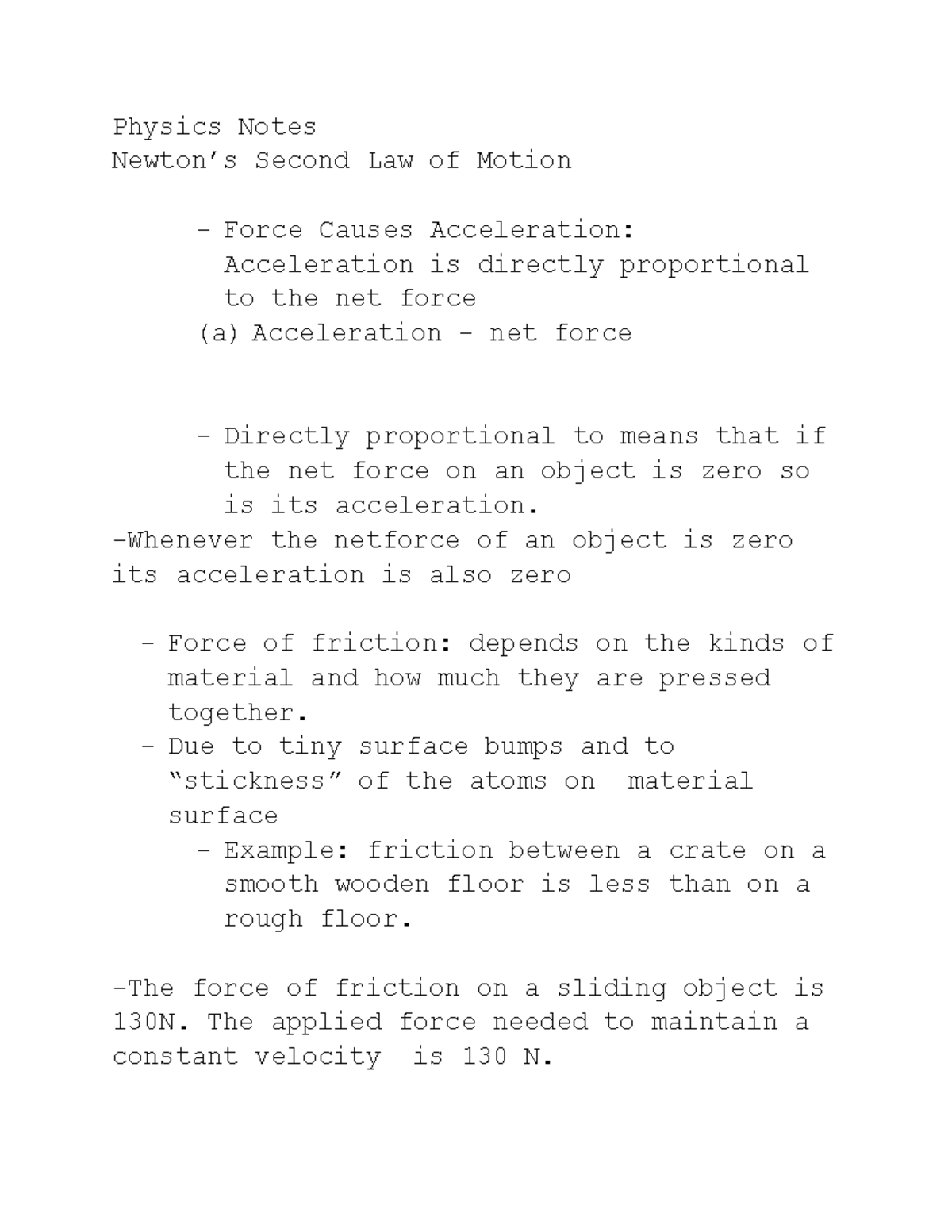 Physics Notes - Physics Notes Newton’s Second Law of Motion - Force ...